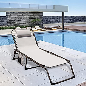 GOLDSUN Foldable Patio Chaise Lounge Chair for Outdoor with Detachable Pocket and Pillow, Portable Adjustable Sun Lounger Recliner for Beach, Camping and Pool-Beige（1pack
