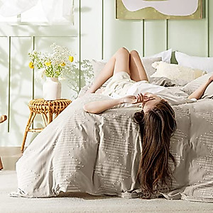 Bedsure Cotton Duvet Cover Queen Size - 100% Washed Cotton Duvet Cover Set, Linen Color, 3 Pieces Boho Stripe Jacquard Soft Bedding for All Seasons with 2 Pillowcases, Zipper Closure (Queen, 90"x90")