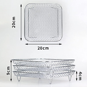 Homaisson Air Fryer Racks, Three Stackable 7.8 inch Air Fryer Racks for 4.2QT - 5.8QT Air fryers, Stainless Steel Dehydrator Air Flow Racks for Ninja, Gowise, Phillips Air Fryers, Ovens, Press Cookers (Square)