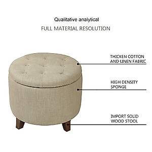 DECO DE VILLE Round Footstool Storage Ottoman, Cushion Button Tufted Linen Fabric Ottoman with Removable Lid, 20", Beige
