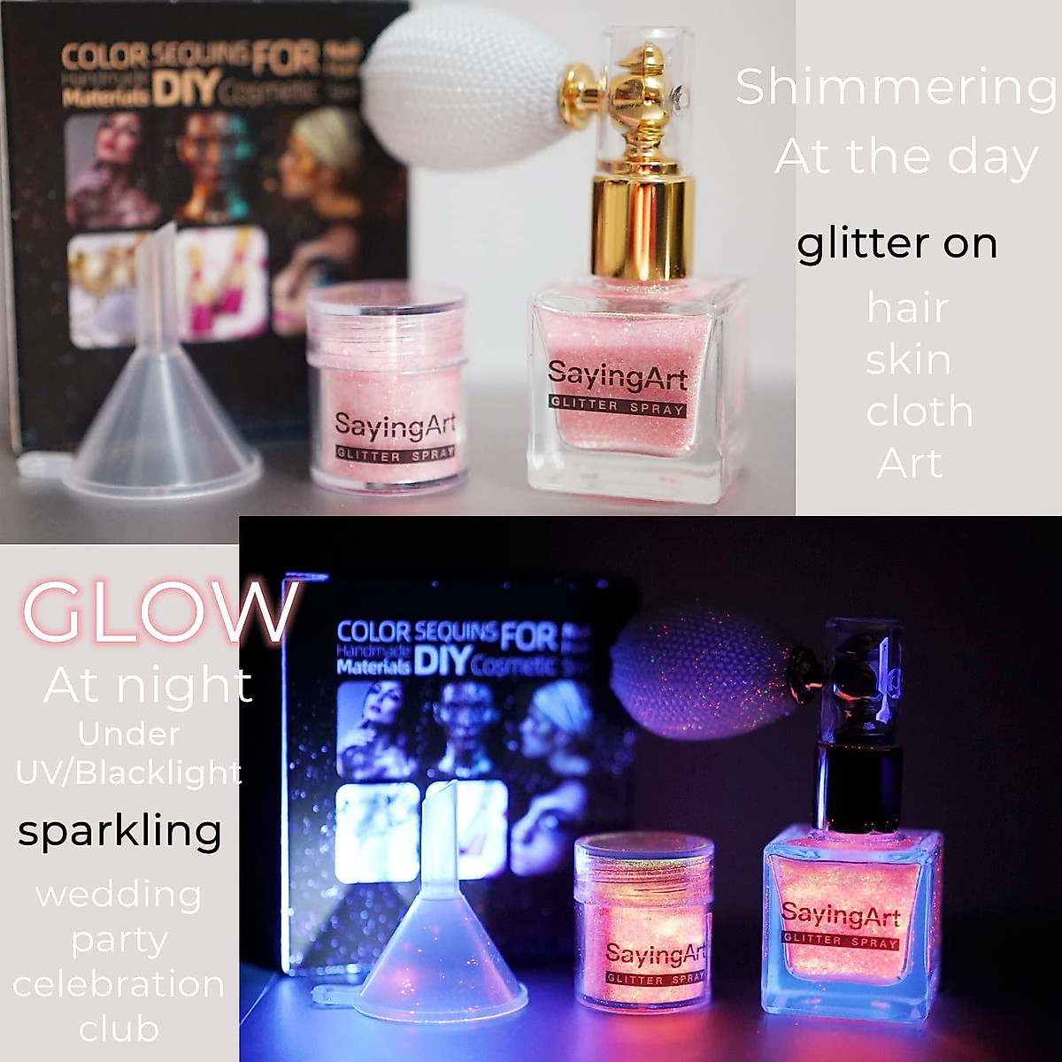 Pink Glow Sparkle Glitter Spray for Body Hair Skin Cloth Women, SayingArt Body Glitter Spray, 2 Hairspray Fine Cosmetic Shimmer Makeup Glitter for Rave Hair Body Face Clothes Nail Art Craft Design