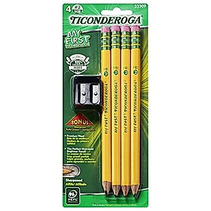TICONDEROGA My First Pencils, Wood-Cased #2 HB Soft, Pre-Sharpened with Eraser, Includes Bonus Sharpener, Yellow, 5 Piece (Pack of 1)(33309)