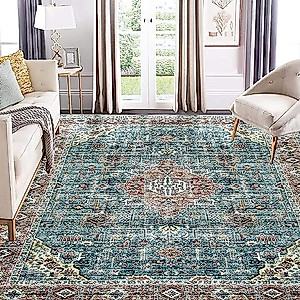 COZYLOOM Washable Rug 9x12 Large Area Rug Ultra-Soft Tribal Distressed Floor Cover Floral Print Accent Thin Rug Foldable Traditional Indoor Rug Retro Carpet for Living Room Bedroom Office Brown/Green