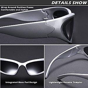 COASION Wrap Around Fashion Sunglasses Oval Dark Vintage Sun Glasses for Men Women Outdoor Sport Shades UV400 Eyeglasses (Silver/Silver Mirrored)