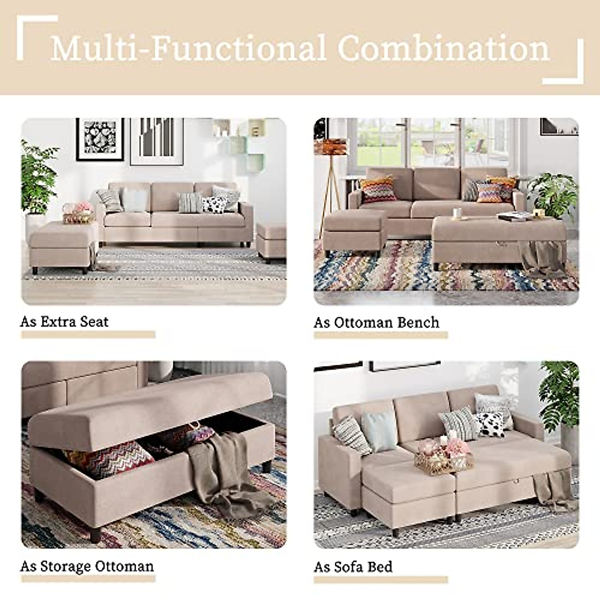 Shintenchi 45" Upholstered Storage Ottoman Bench, Rectangular Fabric Storage Footstool Bench with Hydraulic Rod for Living Room, Bedroom (Khaki)