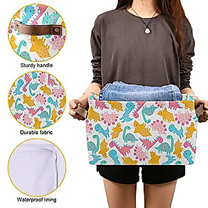 Kigai Dinosaur Storage Basket Collapsible Rectangle Storage Bin Shelves Basket Organizer with Leather Handle for Closet, Office, Nursery, Home Decor