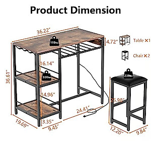 Gyfimoie Bar Table and Chairs Set with Power Outlet, Pub Table and Chairs Set for 2 with 2 Storage Shelves, 3 Piece Table Set with Wine Rack & Glass Holder for Living Room, Dining Room, Small Apt