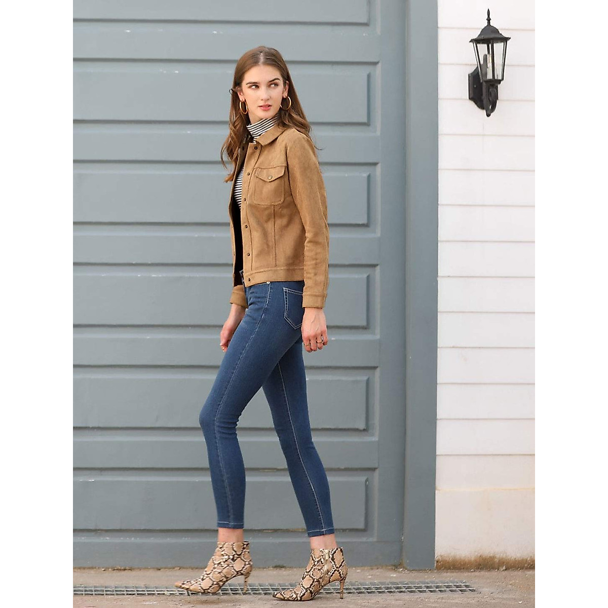 Allegra K Women's Turn-Down Collar Flap Pockets Snap Button Faux Suede Jacket Large Brown