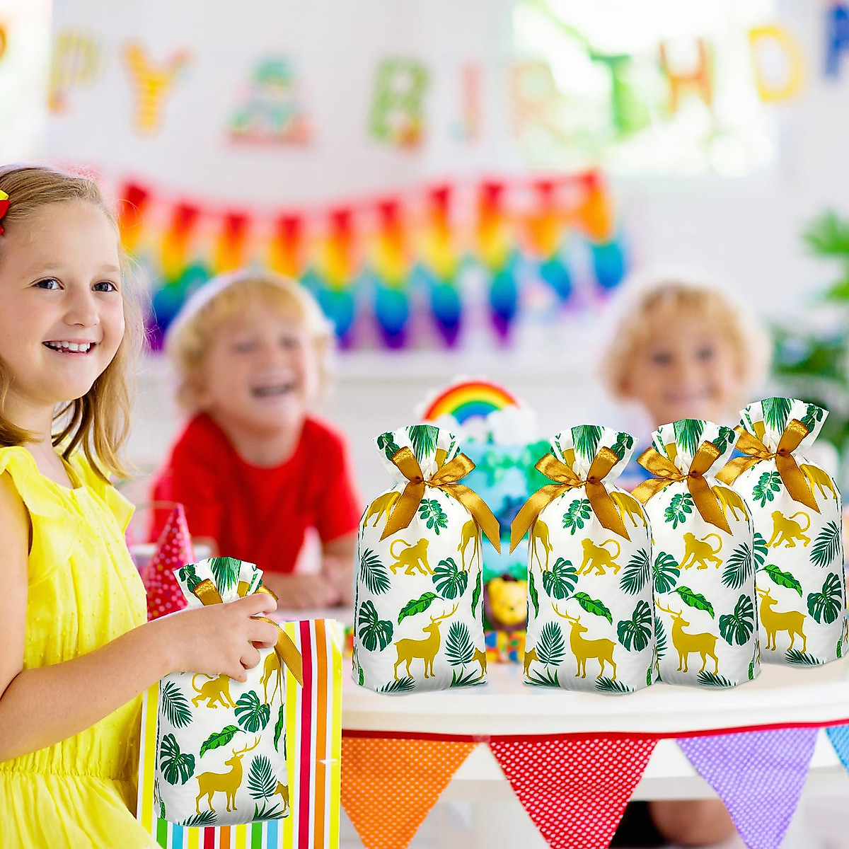 50 Pcs Jungle Animal Treat Bags Green Gold Safari Animal Palm Leaves PE Plastic Candy Goodie Bags Safari Party Favor Bags with Gold Drawstring Ribbons for Wild Jungle Baby Shower Birthday Party Favors