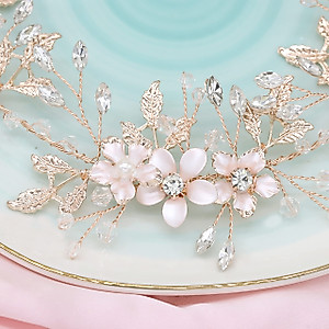 Braveamor Rose Gold Bridal Hair Vine Bohemian Style Wedding Headpiece Crystal Pearl Headband Flower Leaves Halo Wedding Hair Accessories