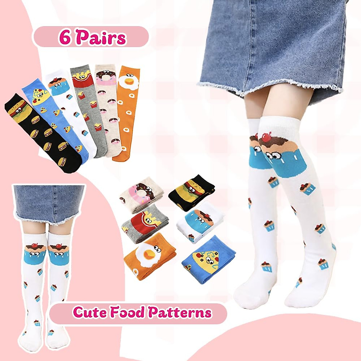 Gellwhu Girls Knee High Socks Gifts Cotton Mid Calf Long Boot Socks Stockings (E SET-6 Pairs)