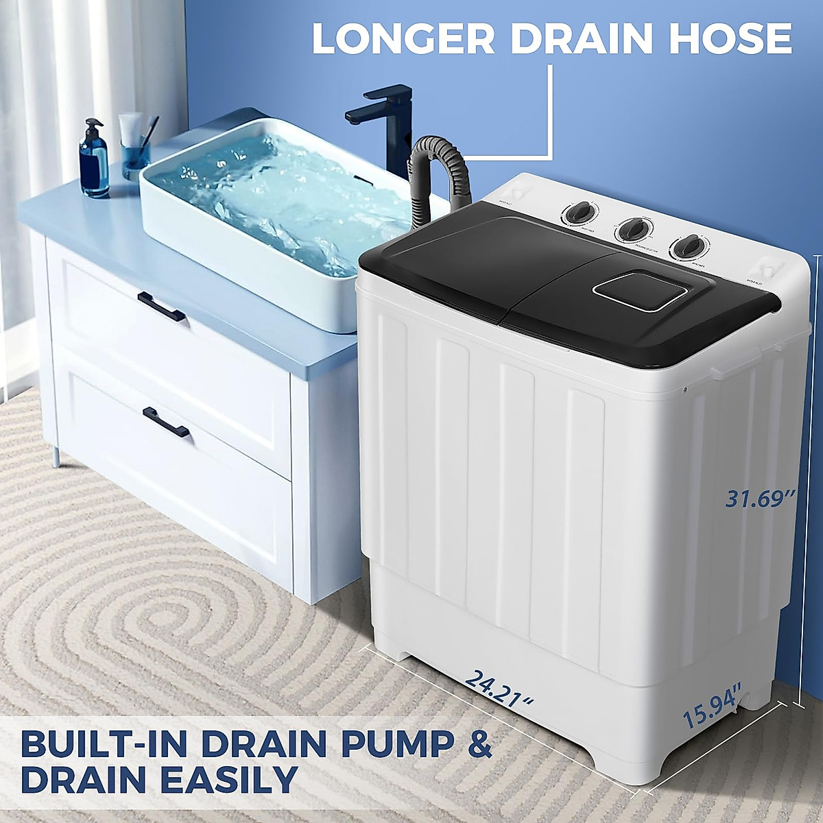 Nictemaw Portable Washing Machine 30lbs Capacity Twin Tub Compact Laundry Machine 19Lbs Washer and 11lbs Spin Dryer with Built-in Drain Pump, Small washing machine for Apartments, Dorms, RVs