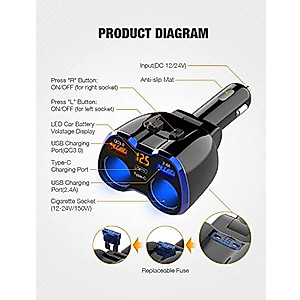 Car Charger, 150W 2-Socket Cigarette Lighter Splitter QC 3.0 Dual USB Ports 1 USB C Fast Car Adapter with Separate Switch LED Voltmeter Replaceable 15A Fuse for GPS/Dash Cam/Phone/iPad