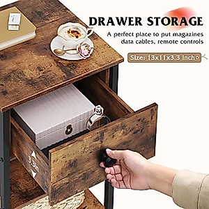 WLIVE Nightstand, Bedside Table with Adjustable Wooden Drawer, 3-Tier Night Stand for Couch, Bed, Sofa, End Table Side Table for Bedroom, Living Room, Rustic Brown…