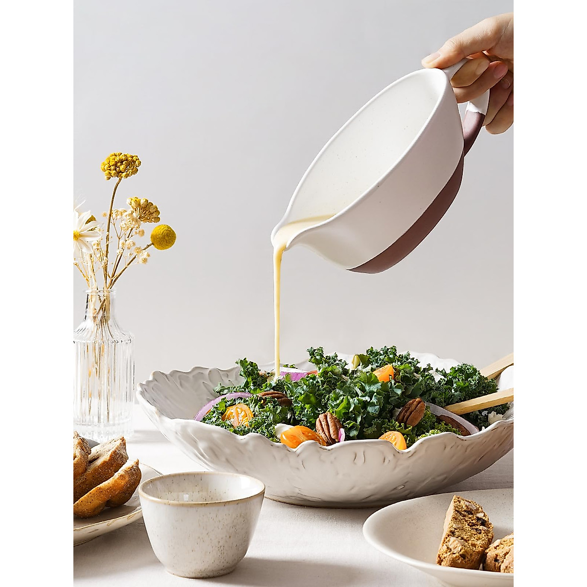 LE TAUCI 16 OZ Gravy Boat with Ladle and Saucer, Ceramic Gravy Bowl with Tray and Ladle for Christmas Dinner, Drip-Proof Lip Dispenser, Microwave and Dishwasher Safe, Brown-Red and White