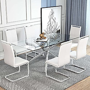 63 inch Glass Dining Table for 6, Silver Legs Rectangular Glass Kitchen Table, Glass Top Dining Table for 4-6 Persons Table Furniture for Home Office Kitchen Dining Room