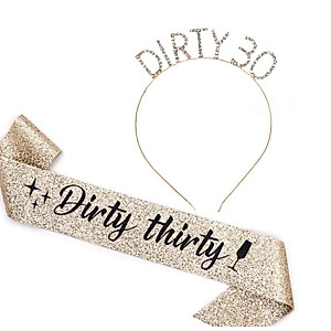 "Dirty Thirty" Sash & Rhinestone Headband Set - Thirty Birthday Sash - 30th Birthday Gifts Birthday Sash for Women Birthday Party Supplies (Gold Glitter/Black) - Sash for Birthday Parties
