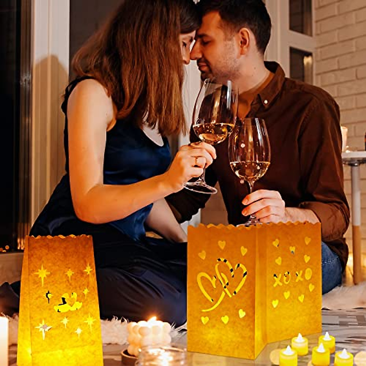 Tinlade 48 Pcs Luminary Paper Bags with 48 Pcs Flameless Tea Light, LED Tea Light Flameless Candle with Luminaries Candle Bag for Valentine's Day Wedding Outdoor Birthday Festivals Party
