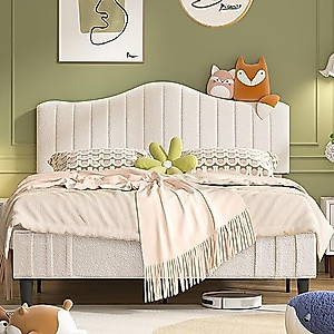 VECELO Upholstered Bed Frame Queen Size, Platform Bed Frame with Adjustable Headboard, Sheepskin Fabric Bed with Strong Wood Slats and 7.9'' Under Bed Space, Noise Free No Box Spring Needed, Beige