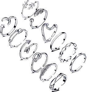 Honsny 12PCS Knuckle Rings for Women Adjustable Rings Arrow Knot Wave Cute Star Moon Band Open Rings Stackable Thumb Joint Finger Silver Rings Set for Teen Girls