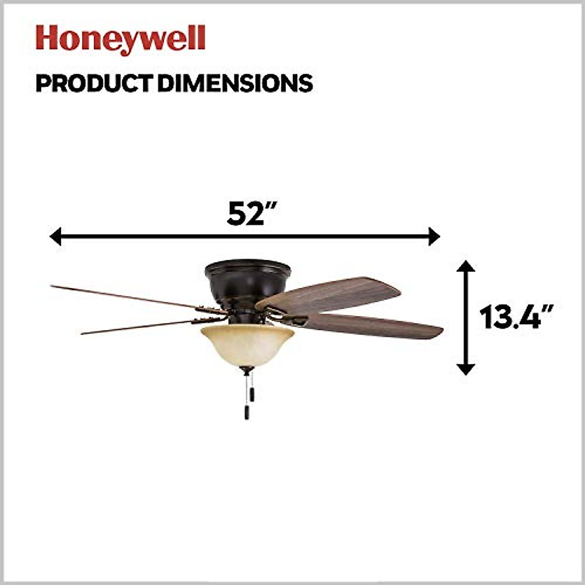Honeywell Ceiling Fans Glen Alden, 52 Inch Classic Flush Mount Indoor LED Ceiling Fan with Light, Pull Chain, Quick-2-Hang Dual Finish Blades, Reversible Motor - 50517-01 (Oil Rubbed Bronze)
