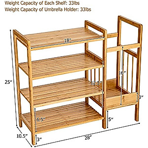 LUARANE 4-Tier Shoe Rack with Umbrella Stand, Free Standing Entryway Organizer with Bamboo Frame, Multifunctional Shoe Shelf for Entryway Hallway Living Room Staircase