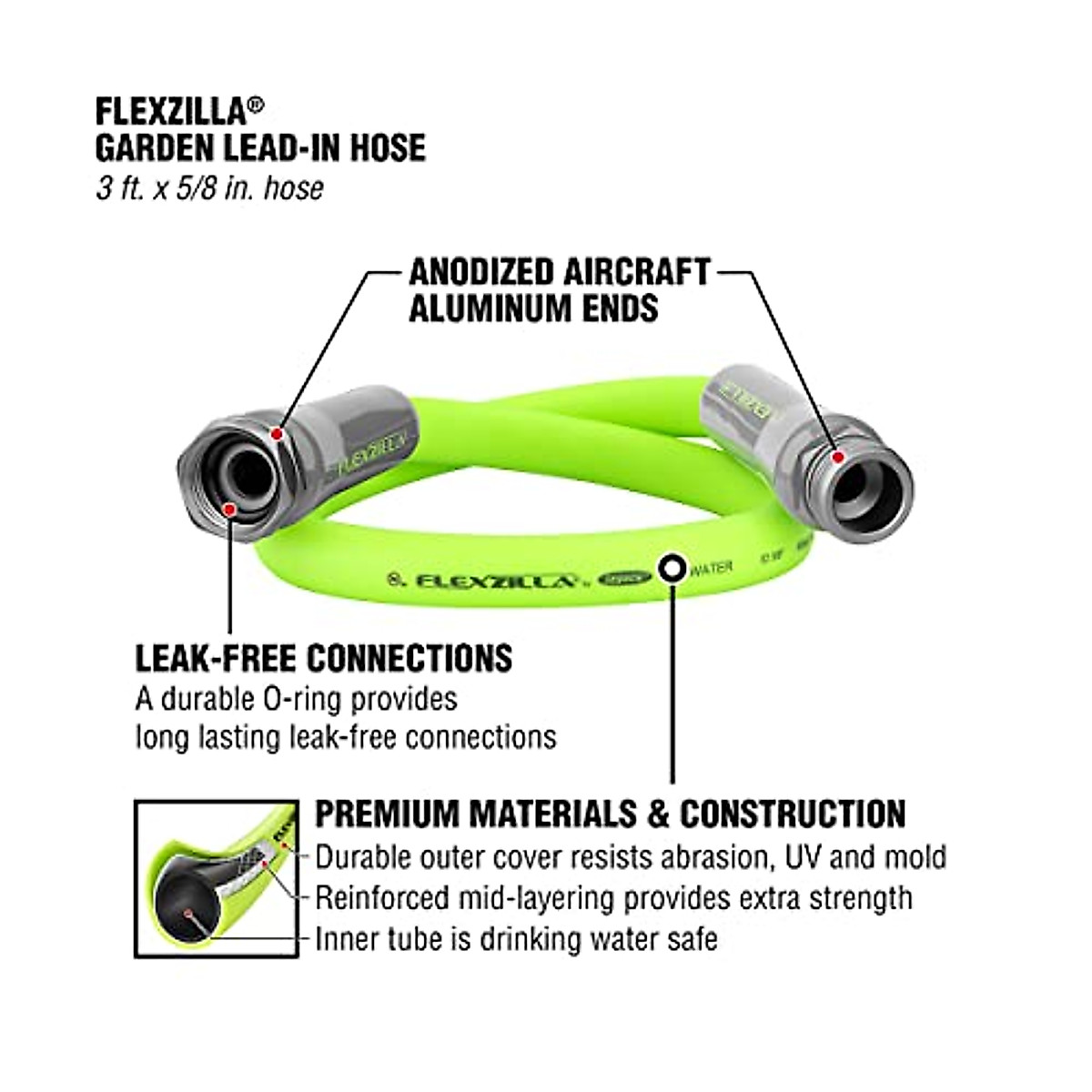 Flexzilla Garden Lead-In Hose 5/8 in. x 5 ft., Heavy Duty, Lightweight, Drinking Water Safe, ZillaGreen - HFZG505YW-E