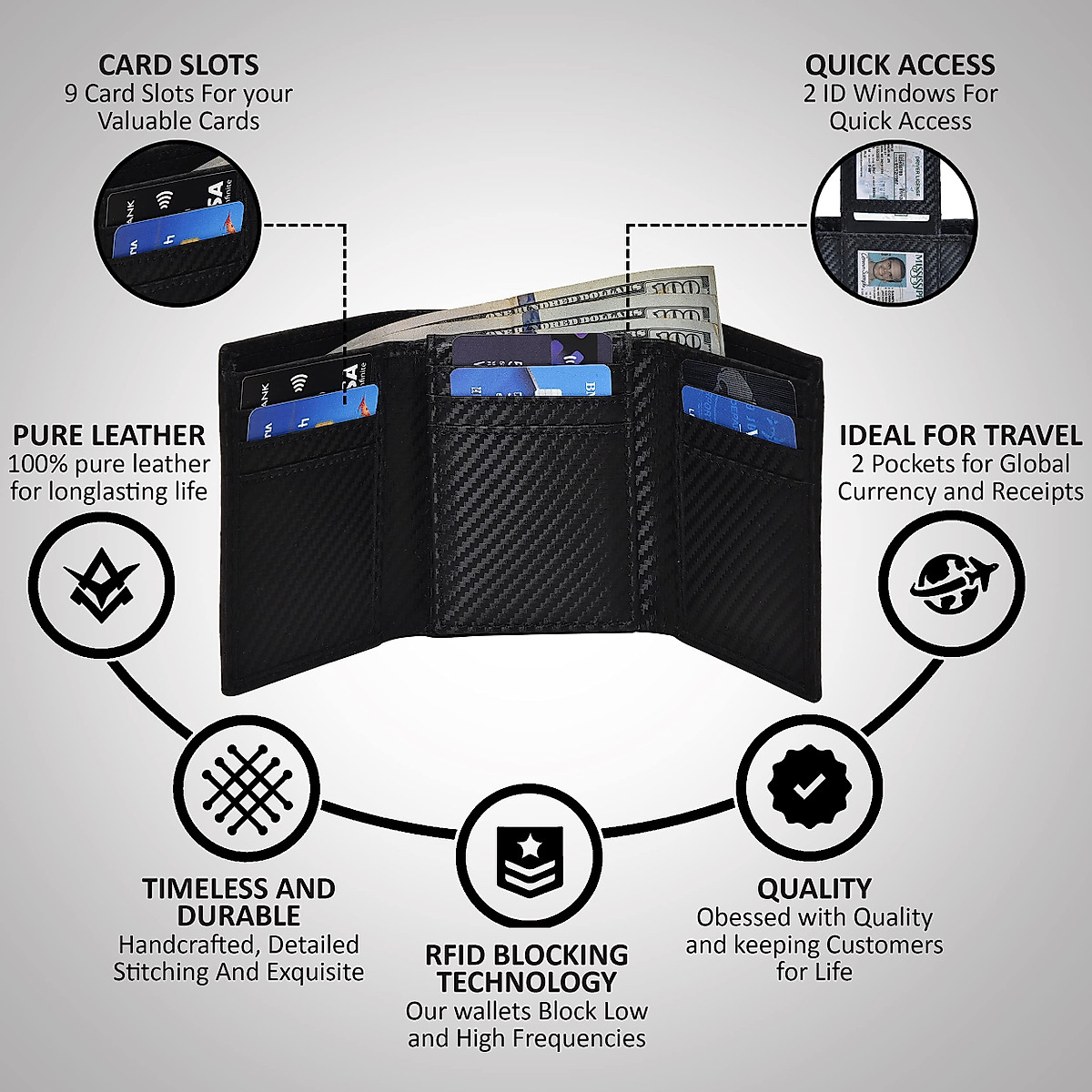 NeoMonte Handcrafted RFID Leather Wallet For Men, Sleek Trifold Front Pocket Wallet with 2 ID & 9 Cards Slots