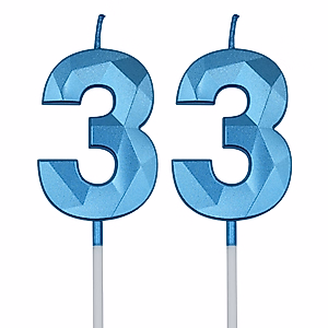 33rd Birthday Candles for Cake, Blue Number 33 3D Diamond Shaped Candle Birthday Decorations Party Supplies for Women or Men