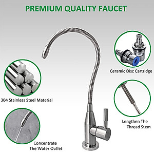 Drinking Water Faucet with Flexible Gooseneck, 360 Degree Rotatable Water Filter Faucet, Kitchen Bar Sink Faucet Lead-Free Cold Water Faucet - Brushed Finish Stainless Steel