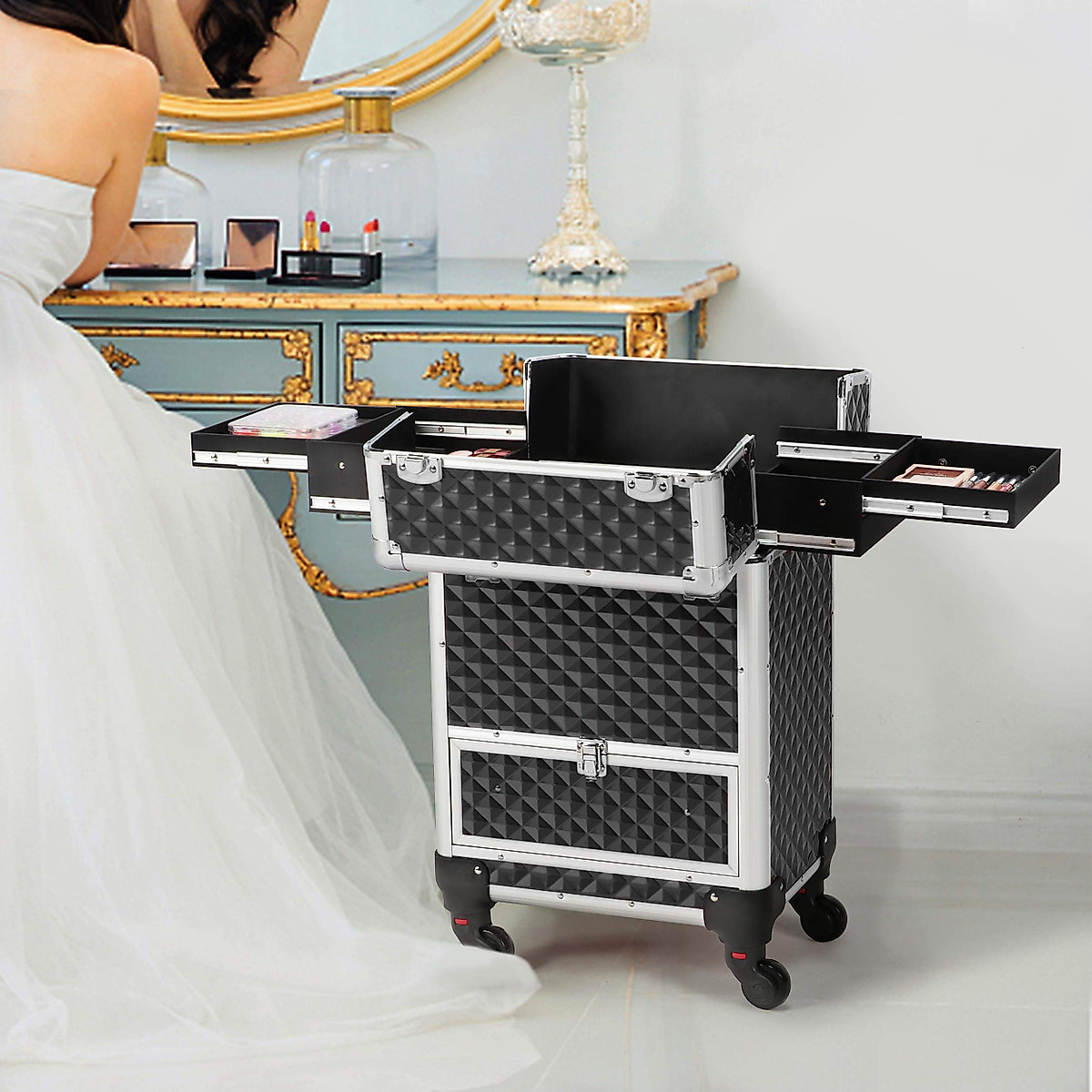 Topeakmart Professional Large Makeup Case, Professional Rolling Cosmetic Organizer Trolley, Portable Travel Makeup Train Case, With Drawer, Locks and Wheels - Black