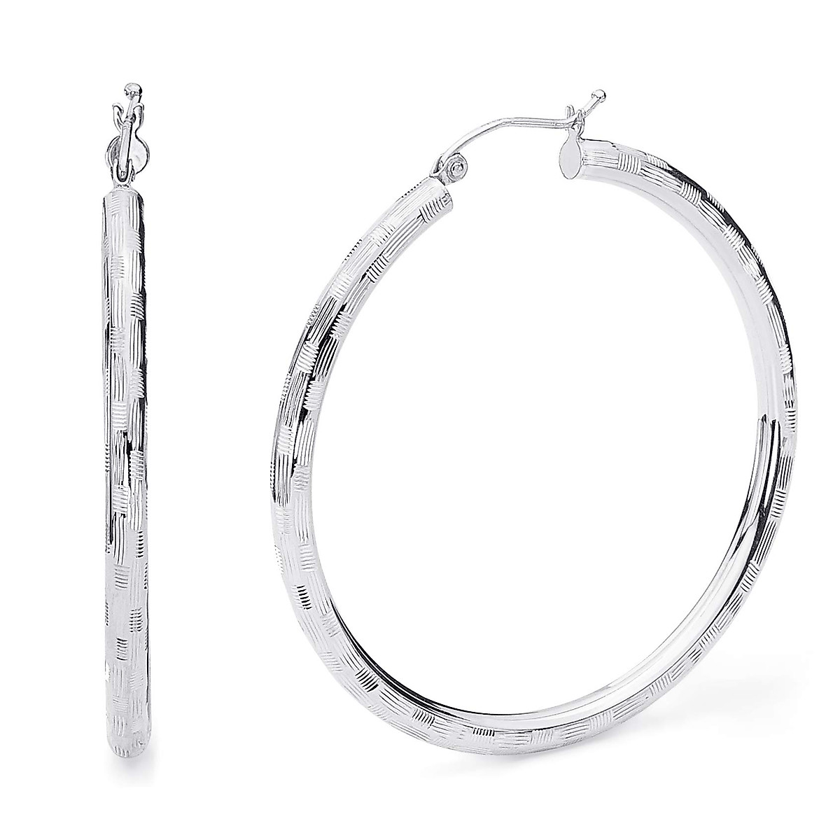 14k REAL White Gold 3mm Thickness Hinged Diamond Cut Hoop Earrings (45 x 45 mm)
