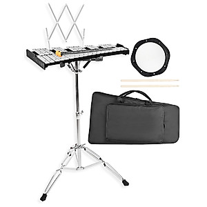 Mr.Power 32 Notes Glockenspiel Bell Kit with 8'' Practice Pad, Adjustable Height Stand, Music Sheet Clip, Glockenspiel Mallets, Drumsticks, and Carrying Bag