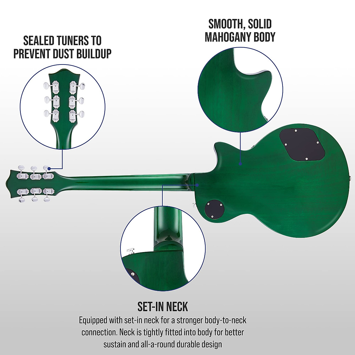 LyxPro 39” Left Hand SB Series Electric Guitar, LP Style for Beginner, Intermediate & Pro Players Solid Body Guitar, Bonus 2-Pack of Picks, Mahogany Wood, Volume/Tone Controls, 3-Way Pickup - Green