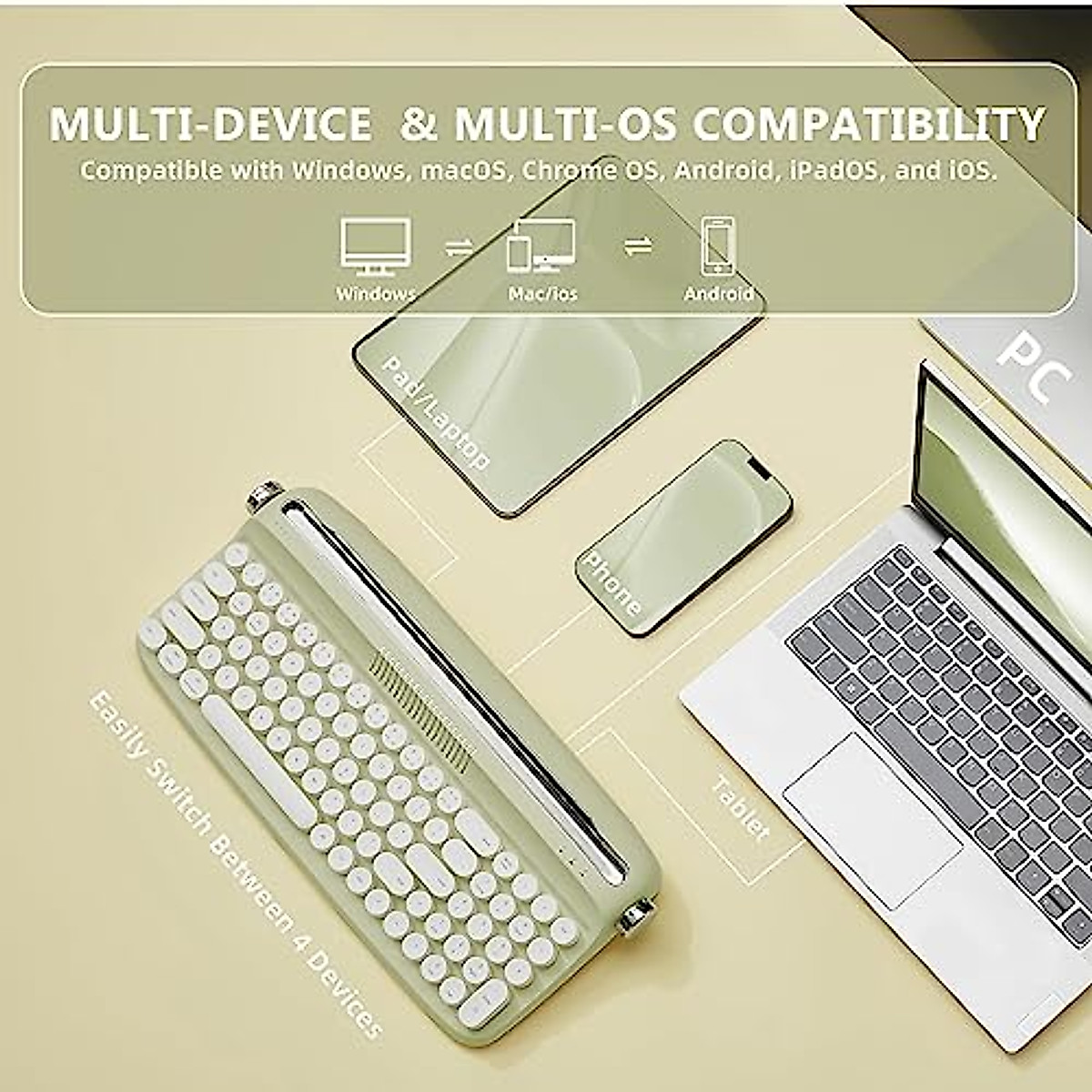YUNZII Upgraded Wireless Typewriter Keyboard, Retro Keyboard with Integrated Stand, USB-C/Bluetooth Keyboard with Cute Round Keycaps for Multi Device for Win/Mac (B309, Sweet Mint)
