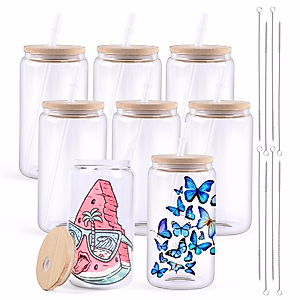 HTVRONT 8 PCS Sublimation Glass Cups Clear -16oz Sublimation Glass Tumbler with Bamboo Lid - Sublimation Blanks for Sublimation, Painting and HTV Vinyl Crafts