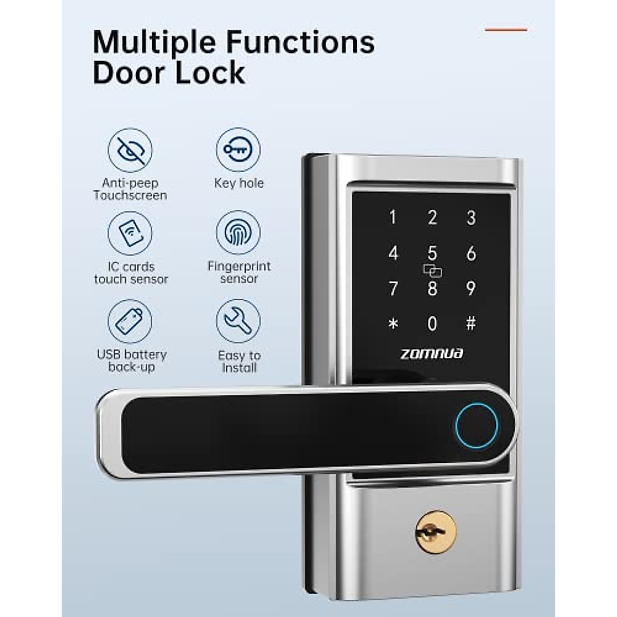 Keyless Entry Door Lock, Zomnua Fingerprint Lever Lock Keypad Door Lock with Handle, Deadbolt Alternative Front Door Lock Biometric Passcode Code Door Lock with IC Card for Home Hotel Office (Silver)