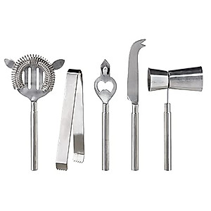 OGGI Modernist Stainless Steel Bar Tool Set w/Wood Accent- Ideal Bar Accessories, Cocktail Set, Bar Set, Bar Cart Décor; Includes Bar Knife, Ice Tongs, Drink Strainer, Double Jigger & Cap/Can Opener