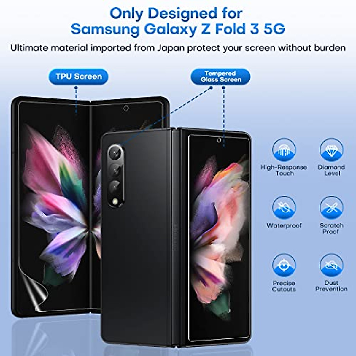 TOCOL [6 Items Designed for Samsung Galaxy Z Fold 3 5G- 2 Pack Front Tempered Glass Screen Protector + 2 Pack Inside TPU Screen Protector + 2 Pack Tempered Glass Camera Lens Protector, Bubble Free