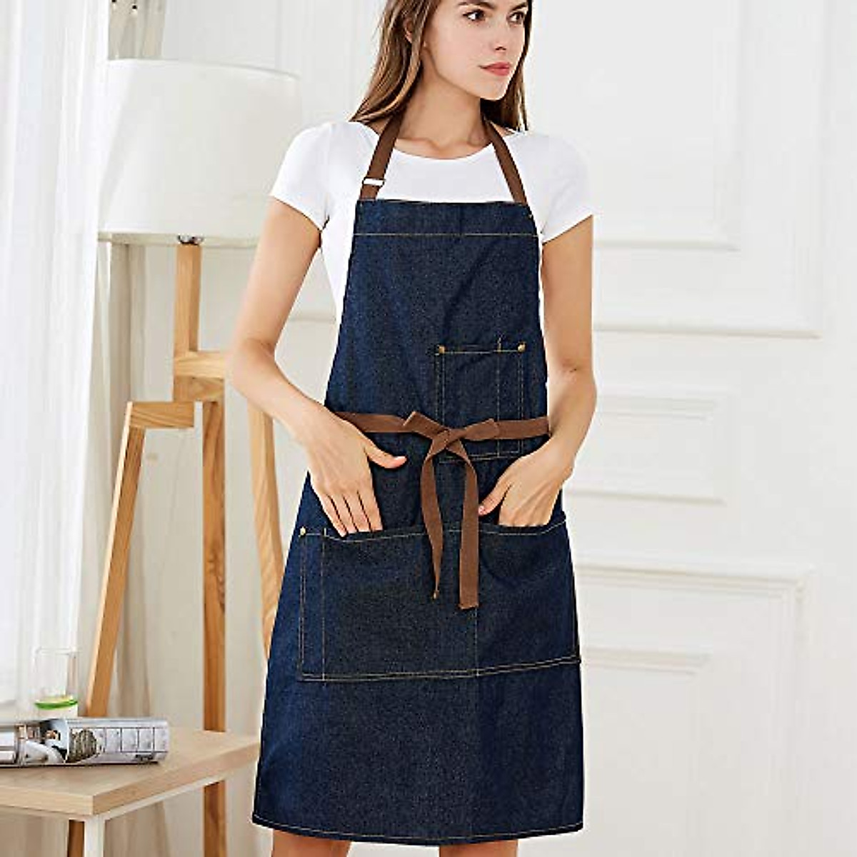 YukaBa Blue Adjustable Denim Jean Kitchen apron with 5 Pockets for Women Men Optimized upgrade(Denim) (Set of 1)