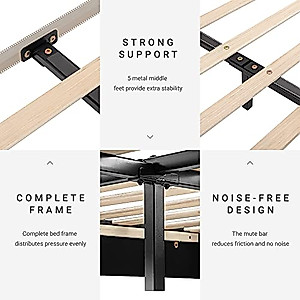 Benevika Queen Size Upholstered Platform Bed Frame with Linen Fabric Button Tufted Headboard, Wood Slat Support, Upholstered Mattress Foundation, No Box Spring Needed, Easy Assembly, Grey
