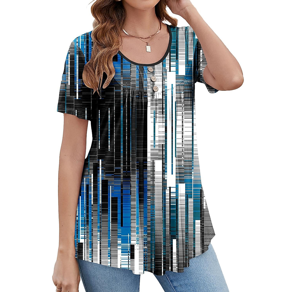 BeadChica Women's Tunic Tops To Wear With Leggings Short Sleeve Shirts Botton Up Casual Ruched Blouses Clothing Contrast-XL