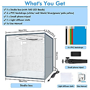 PULLINE Photo Light Box 160 LED 12''x12'' Dimmable Light Box Photography, Portable Photo Studio with Phone Tripod & 6 Backdrops, Folding Shooting Tent Kit for Jewelry/Small Items Product Photography