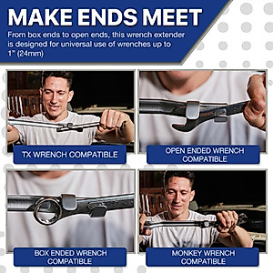 Rhino Wrench Extender Tool Bar - Extra-Long 15 Inch Wrench Extension for Maximum Leverage - Torque Multiplier with Non-Slip Gloves and Garage Hook - Solid Steel Tools for Mechanics and DIYers