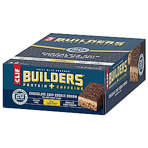 CLIF Builders + Caffeine - Chocolate Chip Cookie Dough Flavor - Protein Bars - Gluten-Free - Non-GMO - Low Glycemic - 20g Protein - 2.4 oz. (12 Count)