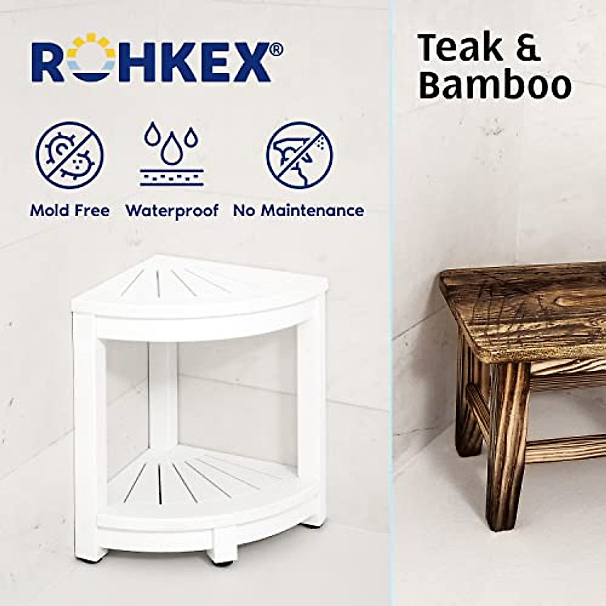 ROHKEX No-Maintenance Corner Shower Stool for Shaving Legs - Heavy-Duty Waterproof Bathroom Bench with Rubber Feet, Storage Shelf - Sustainable & Versatile for Indoor & Outdoor Use