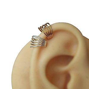 Handmade Silver 2Pcs Tiny Multi Band Thin Ear Cuffs Non-Piercing Huggie Earrings, 1xSterling Silver 1xGold Plated, Dainty Fake Cartilage Helix Non-Pierced Ear Wrap Clip on for Women, By Miya Jewelry