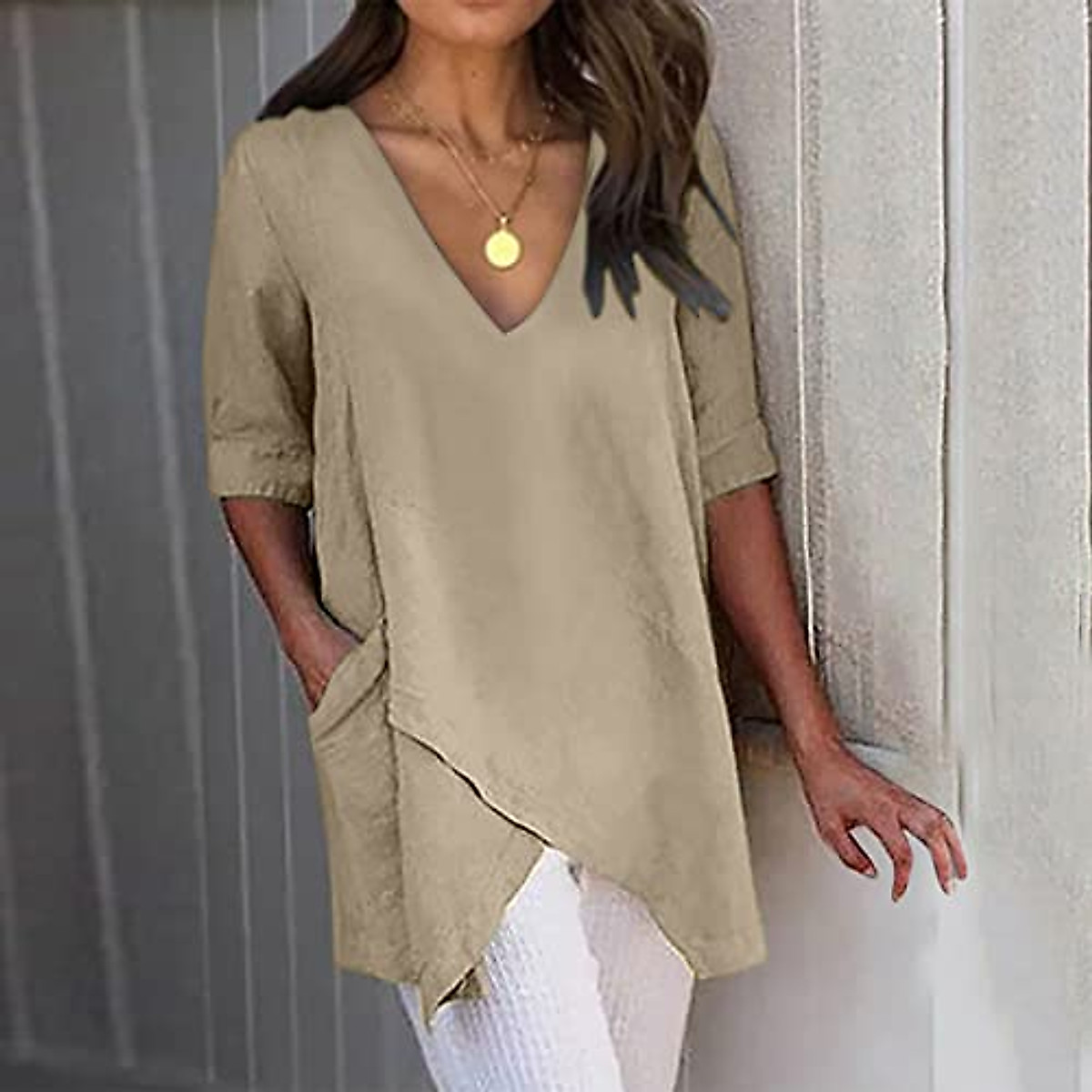 Ceboyel Womens Cotton Linen Summer Tops Irregular Hem Shirts V Neck 3/4 Sleeve Blouses Tunic Loose Fit Ladies Clothing 2023