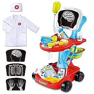 Doctor Kits for Kids 3-5 with Stethoscope Doctor Dress Up Costume Light X-Ray Trolley Toy Pretend Medical Play Doctor for Toddler Girl Boy 3 4 5 Years Old Birthday Gifts