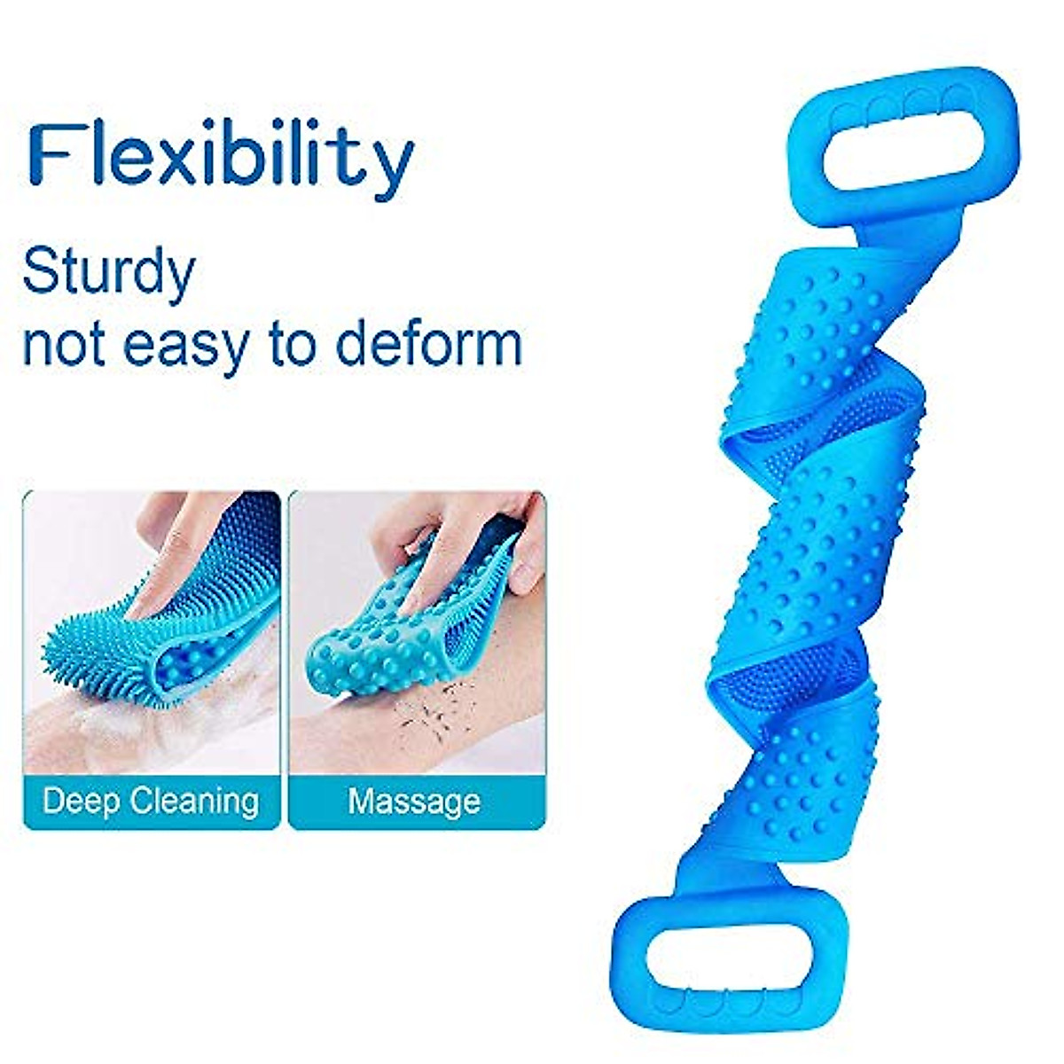 Silicone Bath Brush for Shower- Back Body Brush Scrubber, Shower Pull-tab Double-Sided Long Strip Silicone Bath Belt, Easy to Clean-Exfoliate, Blue